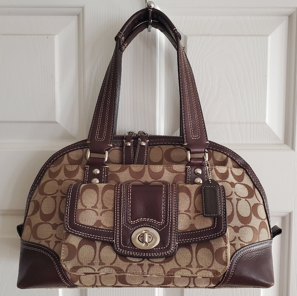 Coach | Bags | Coach Hamptons Signature Zip Satchel F3977 Khaki Dark Brown Jacquard | Poshmark